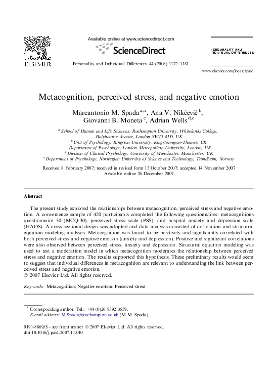 Pdf Metacognition Perceived Stress And Negative Emotion