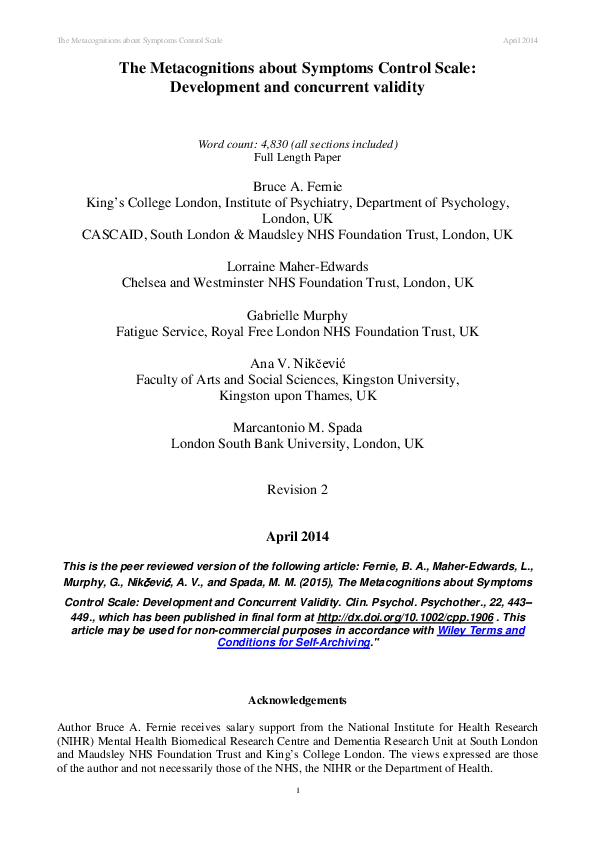 (PDF) The Metacognitions about Symptoms Control Scale: Development and ...
