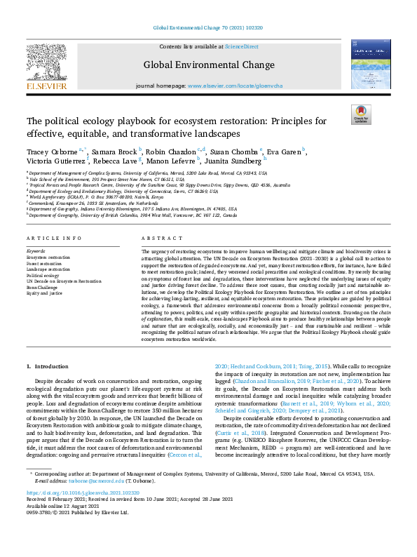 (PDF) The political ecology playbook for ecosystem restoration: Principles for effective ...