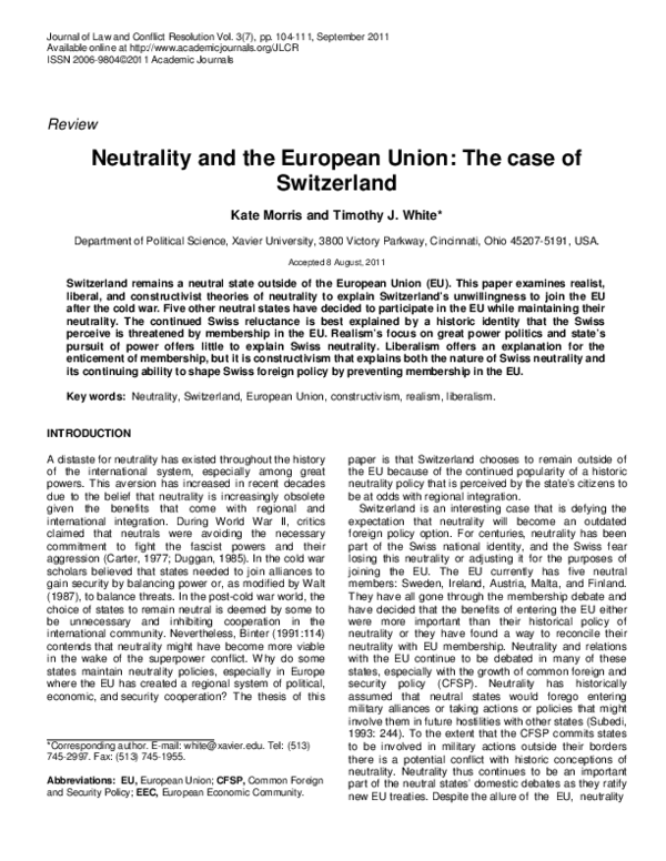 (PDF) Neutrality and the European Union: The case of Switzerland