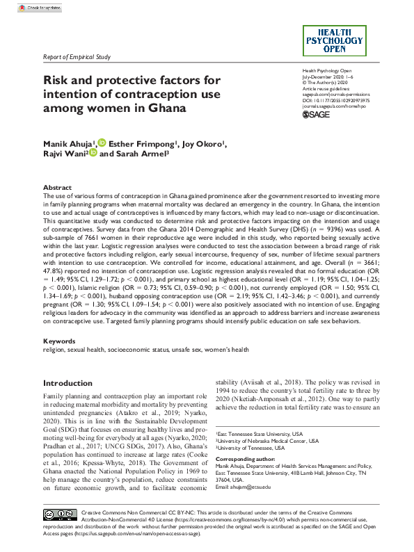 (PDF) Risk and protective factors for intention of contraception use ...