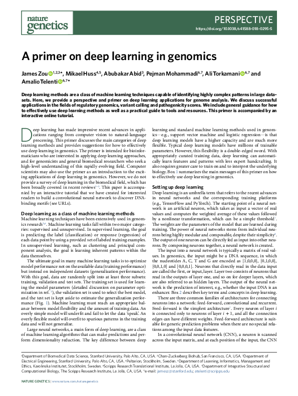 (PDF) A primer on deep learning in genomics
