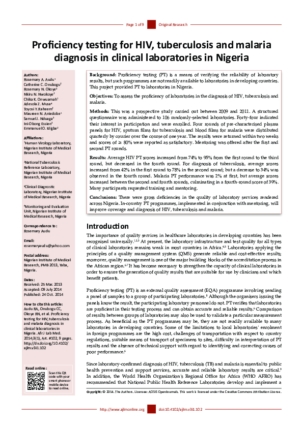 (PDF) Proficiency testing for HIV, tuberculosis and malaria diagnosis ...