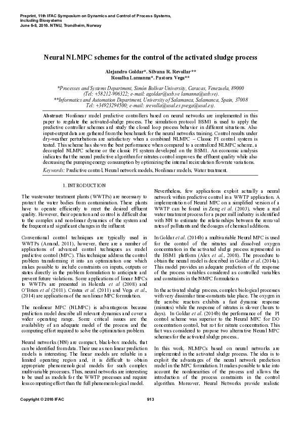 (PDF) Neural NLMPC schemes for the control of the activated sludge process