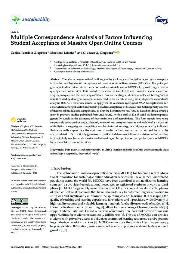 (PDF) Multiple Correspondence Analysis of Factors Influencing Student Acceptance of Massive Open ...