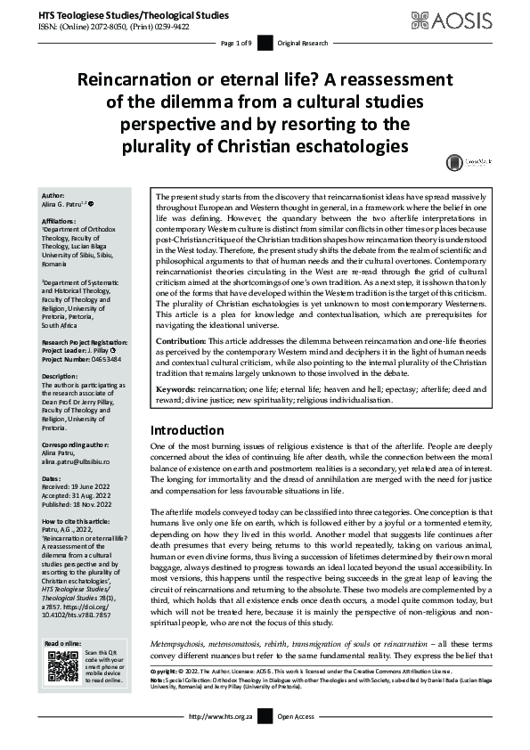 (PDF) Reincarnation or eternal life? A reassessment of the dilemma from ...
