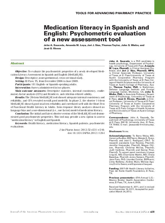 (PDF) Medication literacy in Spanish and English: Psychometric ...