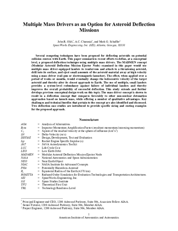 (PDF) Multiple Mass Drivers as an Option for Asteroid Deflection Missions