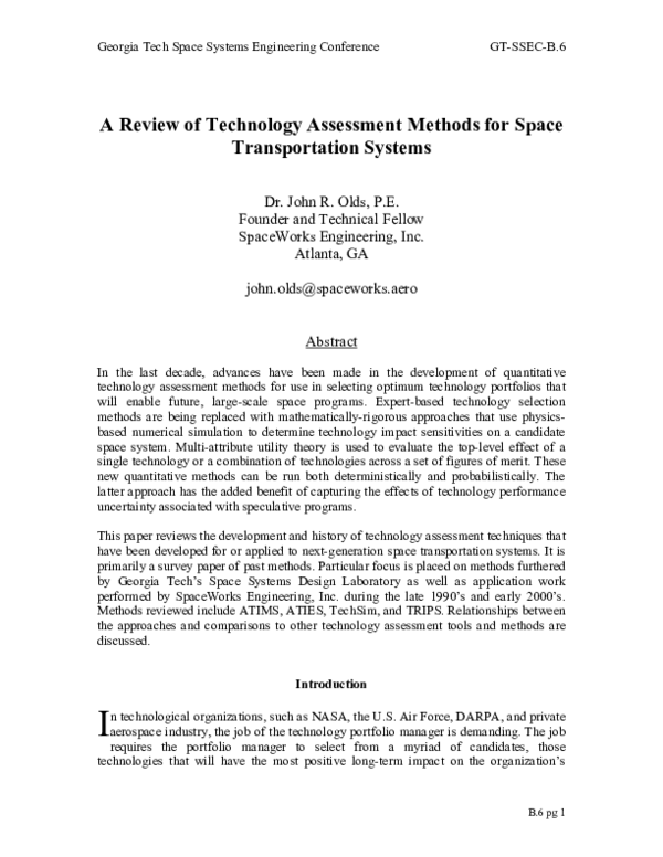 (PDF) A Review of Technology Assessment Methods for Space ...