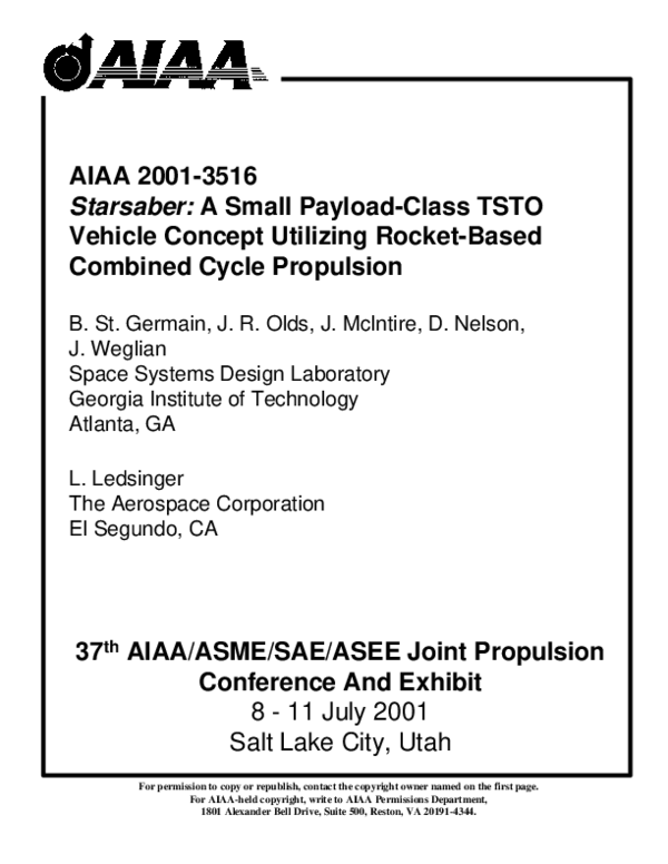 (PDF) Starsaber - A small payload-class TSTO vehicle concept utilizing ...