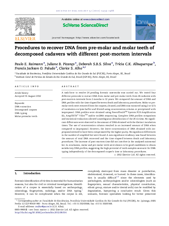(PDF) Procedures to recover DNA from pre-molar and molar teeth of ...