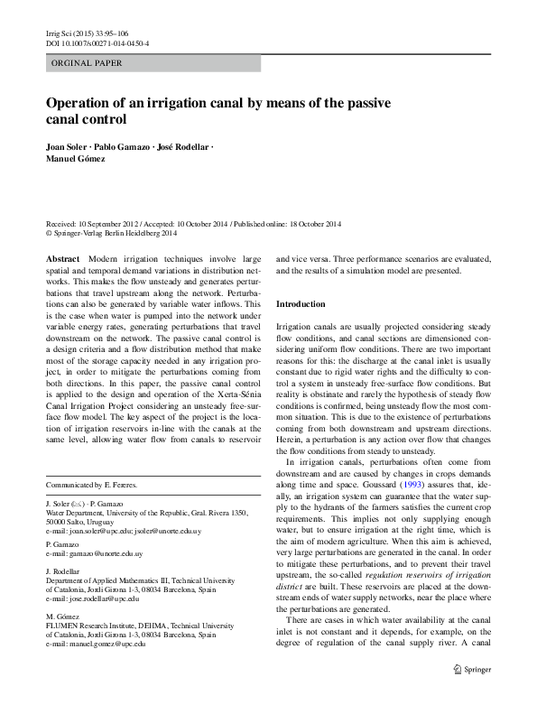 (PDF) Operation of an irrigation canal by means of the passive canal ...