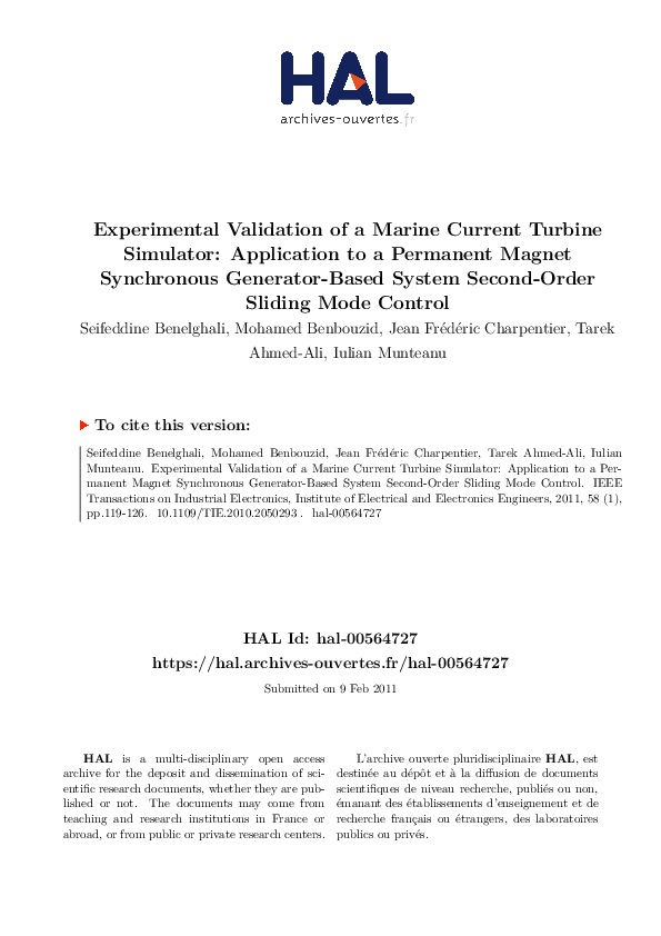 (PDF) Experimental Validation of a Marine Current Turbine Simulator: Application to a Permanent ...