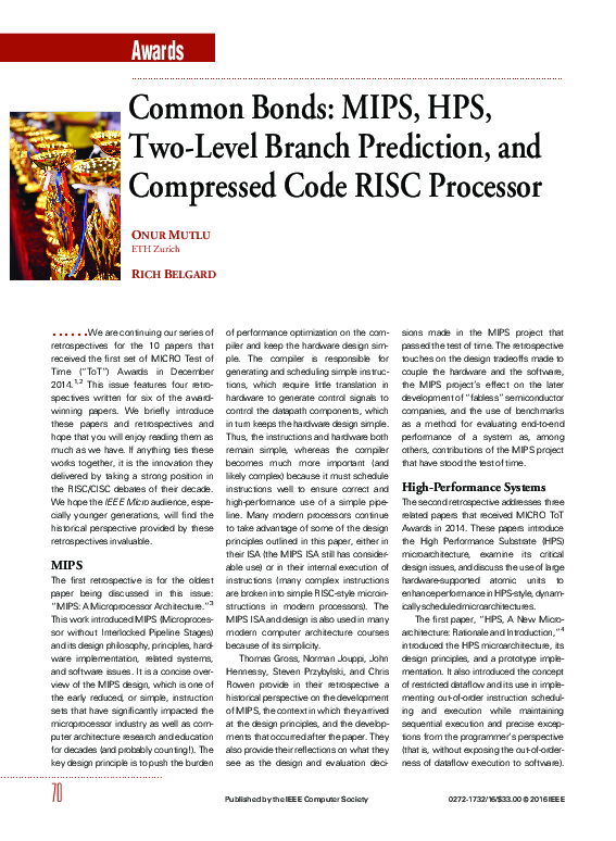 (PDF) Common Bonds: MIPS, HPS, Two-Level Branch Prediction, and Compressed Code RISC Processor