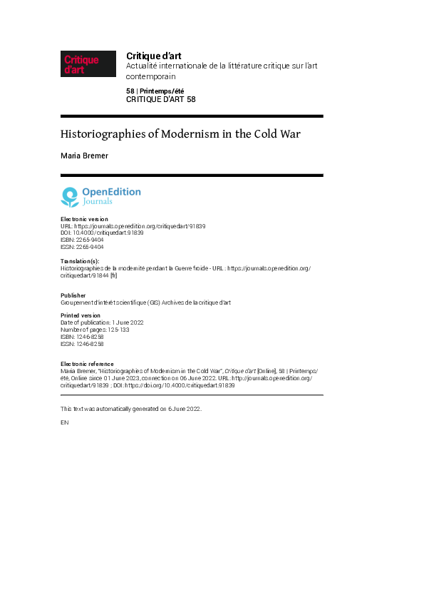 (PDF) Historiographies of Modernism in the Cold War