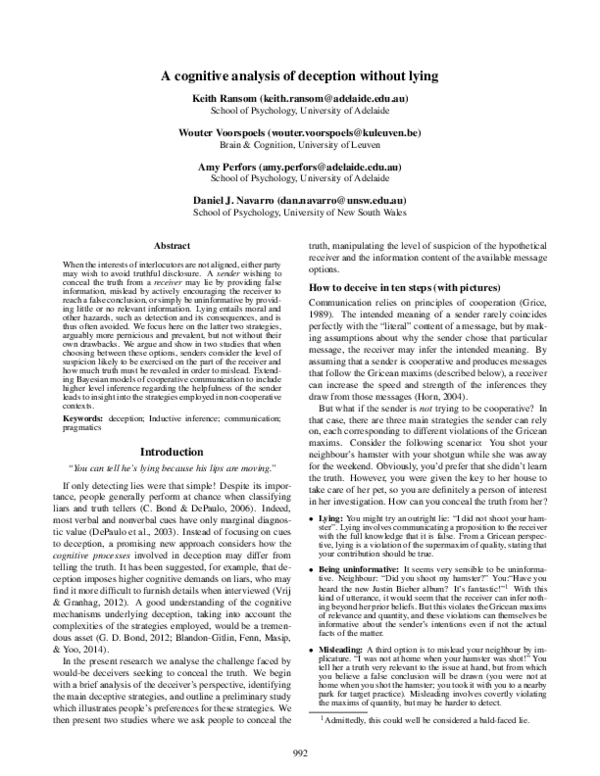 (PDF) A cognitive analysis of deception without lying
