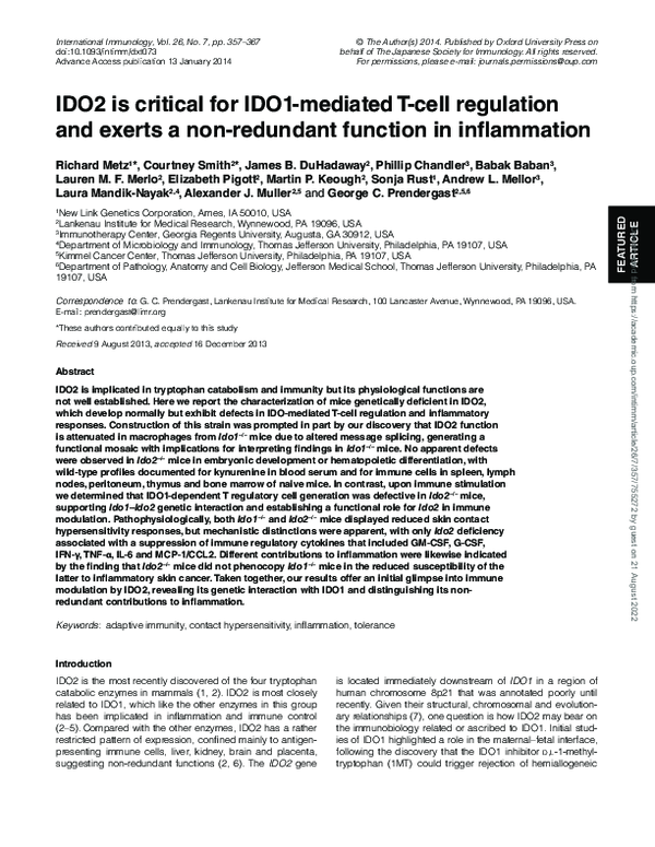 (PDF) IDO2 is critical for IDO1-mediated T-cell regulation and exerts a ...