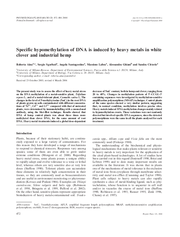 (PDF) Heavy Metal-Induced Hypomethylation in Clover and Hemp DNA