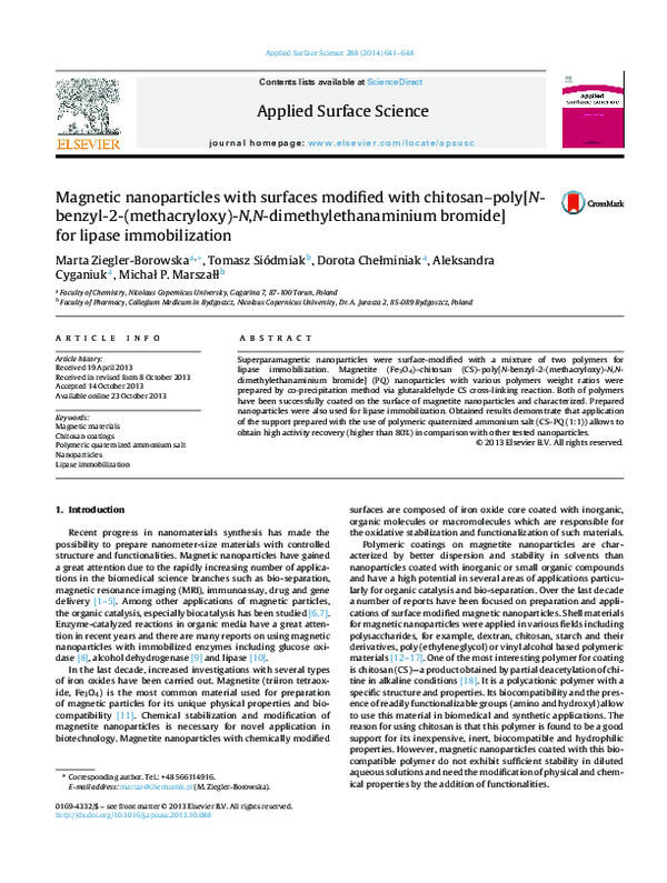 (PDF) Magnetic nanoparticles with surfaces modified with chitosan–poly[N-benzyl-2-(methacryloxy ...