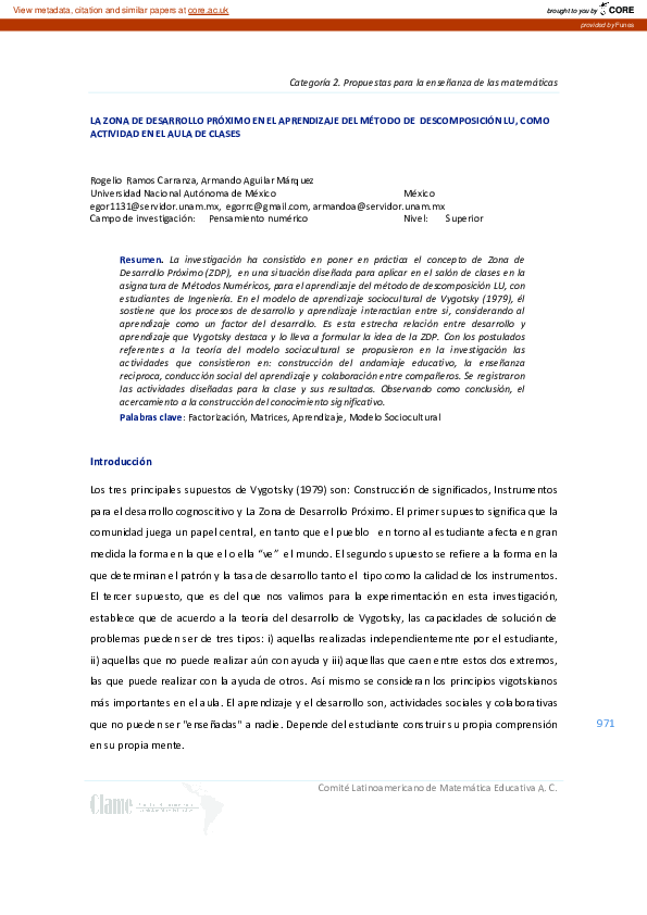 (PDF) La zona de desarrollo próximo en el aprendizaje del método de descomposición LU, como ...