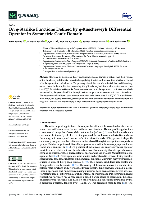Pdf On Q Starlike Functions Defined By Q Ruscheweyh Differential Operator In Symmetric Conic
