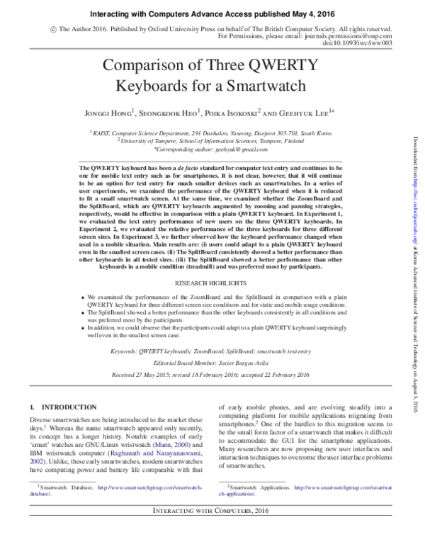 (PDF) Comparison of Three QWERTY Keyboards for a Smartwatch