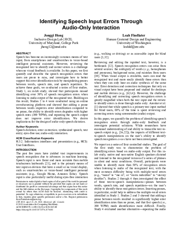 (PDF) Identifying Speech Input Errors Through Audio-Only Interaction