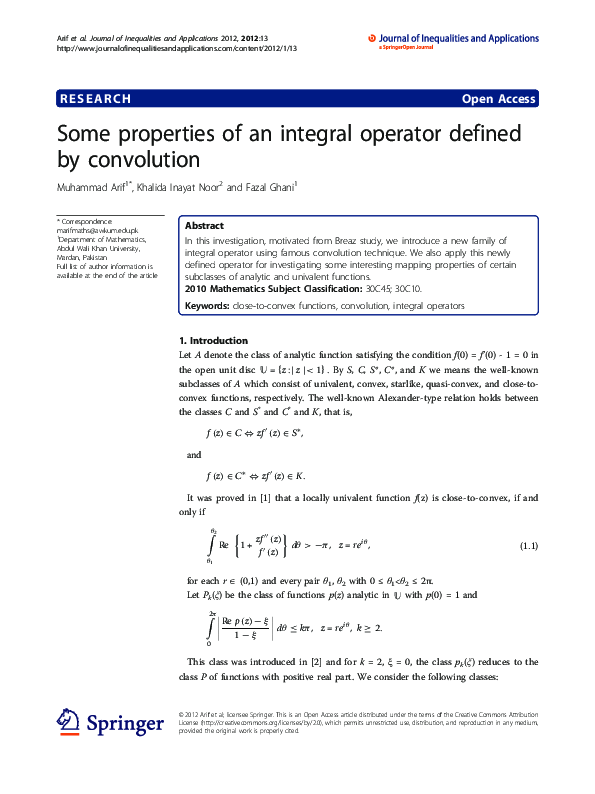 (PDF) Some properties of an integral operator defined by convolution | Mohsan Raza - Academia.edu