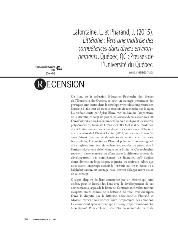 (PDF) Lafontaine, L. et Pharand, J. (2015). Littératie : Vers une maîtrise des compétences dans ...
