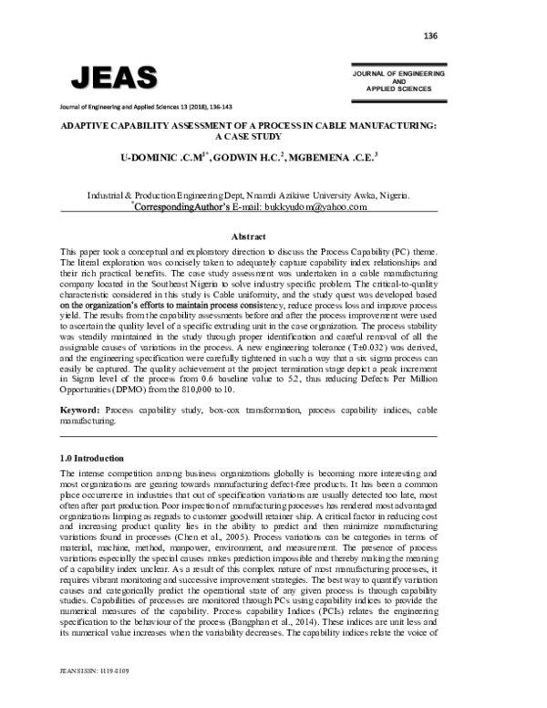 (PDF) ADAPTIVE CAPABILITY ASSESSMENT OF A PROCESS IN CABLE MANUFACTURING: A CASE STUDY
