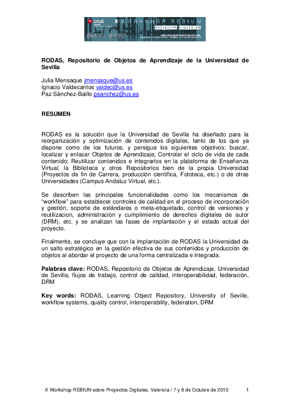 (PDF) RODAS, Repositorio de Objetos de Aprendizaje de la Universidad de Sevilla