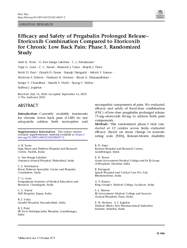 Pdf Efficacy And Safety Of Pregabalin Prolonged Release Etoricoxib