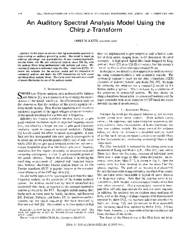 Pdf An Auditory Spectral Analysis Model Using The Chirp Z Transform J Kates