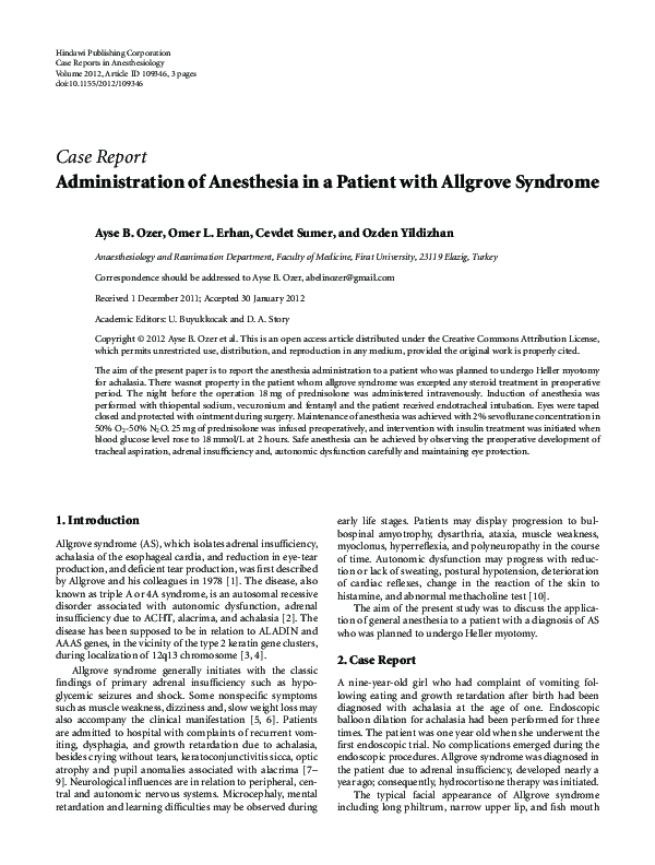 (PDF) Administration of Anesthesia in a Patient with Allgrove Syndrome