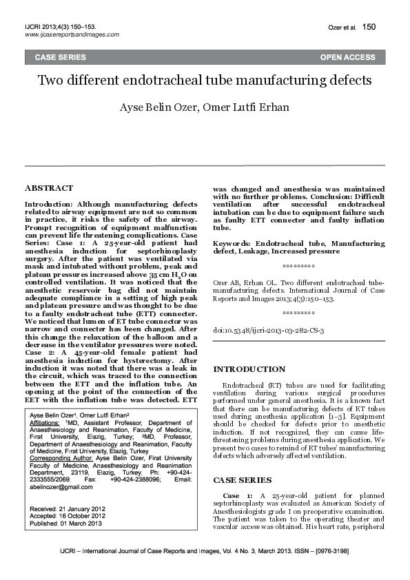 (PDF) Two different endotracheal tube manufacturing defects