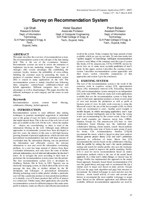 (PDF) Survey on Recommendation System