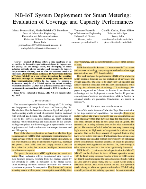 (PDF) NB-IoT system deployment for smart metering: Evaluation of coverage and capacity performances