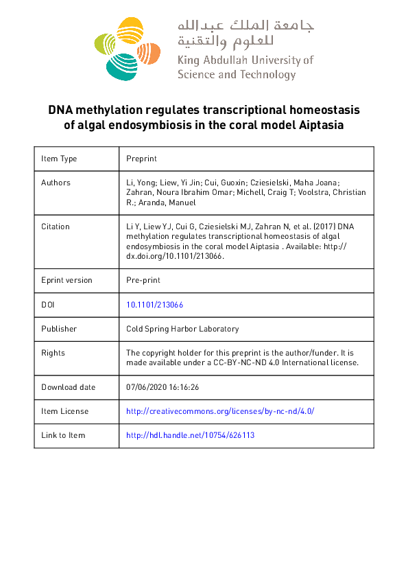 (PDF) DNA methylation regulates transcriptional homeostasis of algal ...
