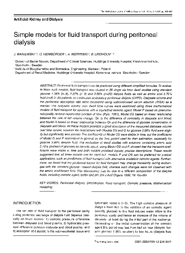 (PDF) Simple Models for Fluid Transport during Peritoneal Dialysis