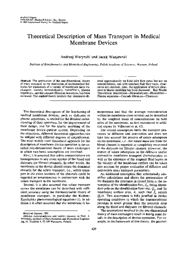 (PDF) Theoretical Description of Mass Transport in Medical Membrane Devices