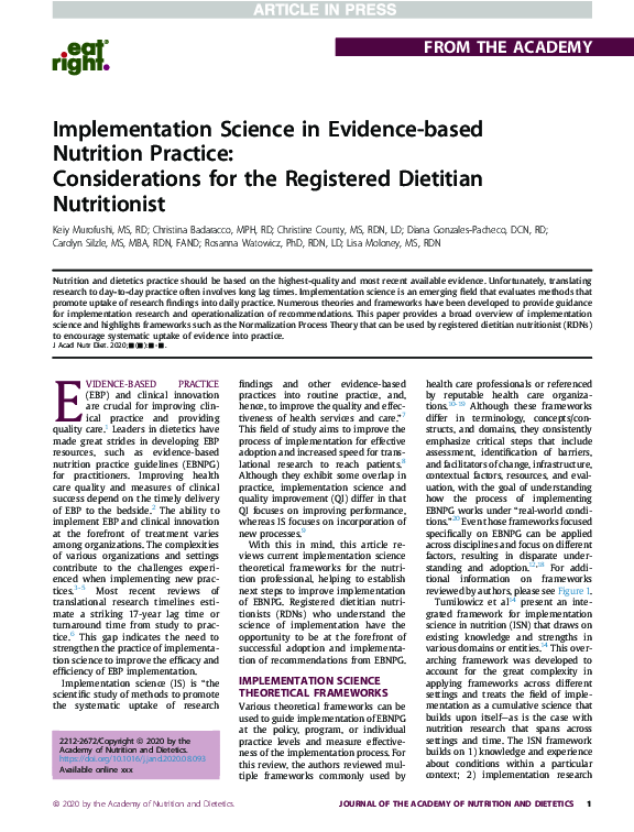 (PDF) Implementation Science in Evidence-based Nutrition Practice: Considerations for the ...