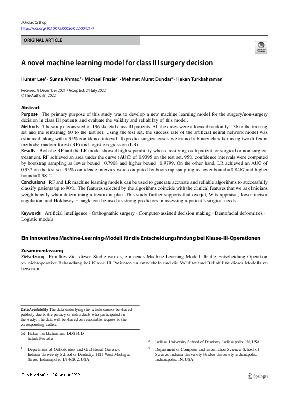(PDF) A novel machine learning model for class III surgery decision