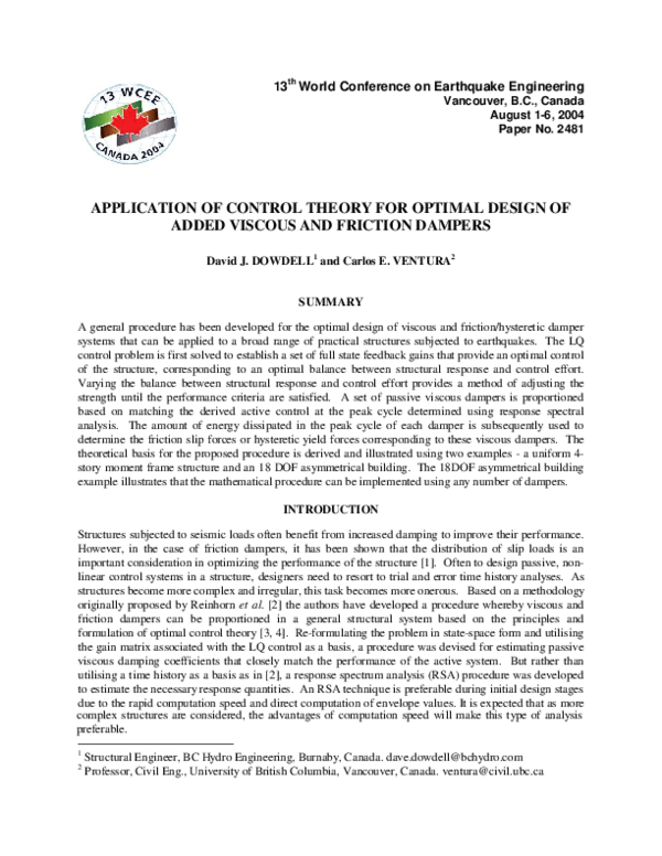 Pdf Application Of Control Theory For Optimal Design Of Added Viscous And Friction Dampers