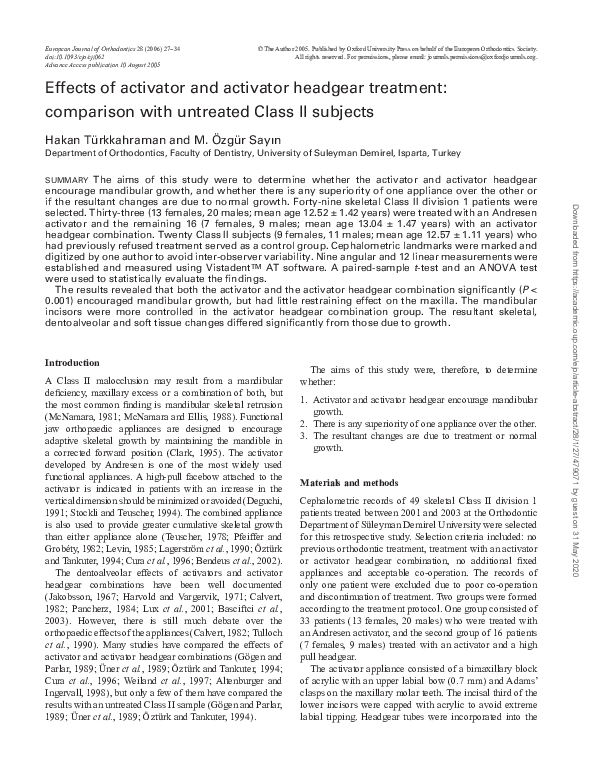 (PDF) Effects of activator and activator headgear treatment: comparison ...