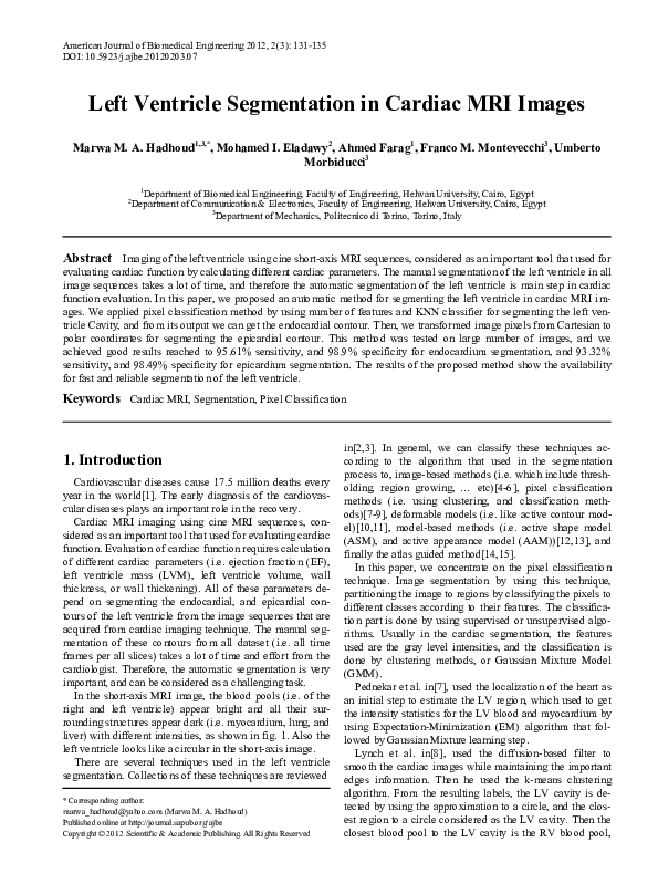 Pdf Left Ventricle Segmentation In Cardiac Mri Images