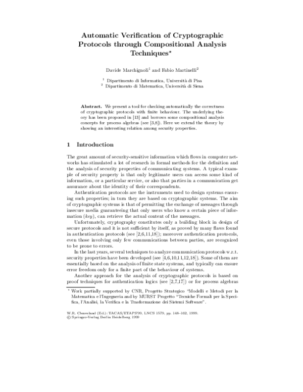 (PDF) Automatic Verification of Cryptographic Protocols through Compositional Analysis Techniques