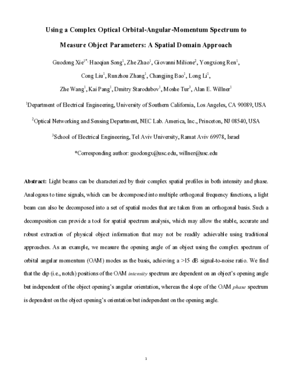 (PDF) Using a complex optical orbital-angular-momentum spectrum to measure object parameters