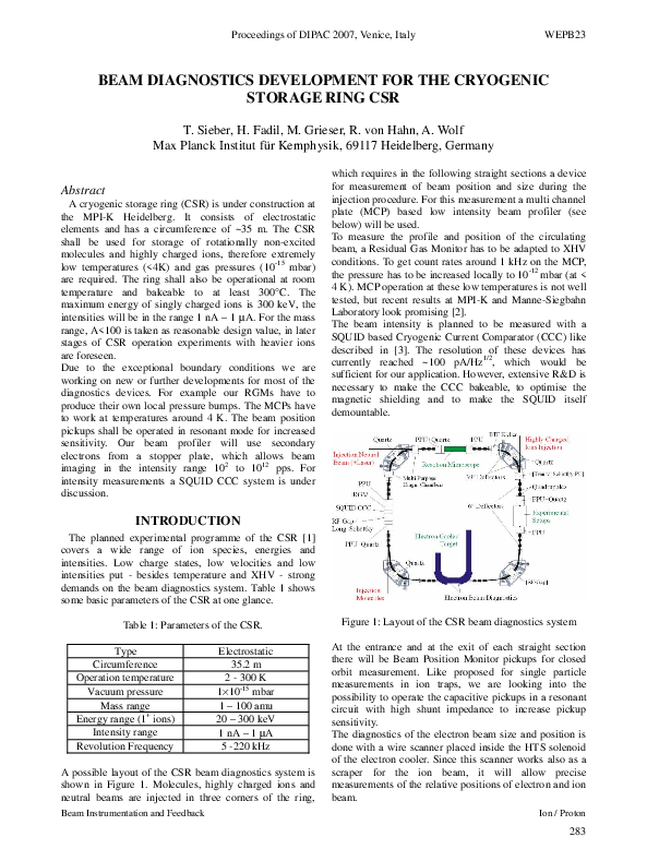 (PDF) Beam Diagnostics Development for the Cryogenic Storage Ring CSR