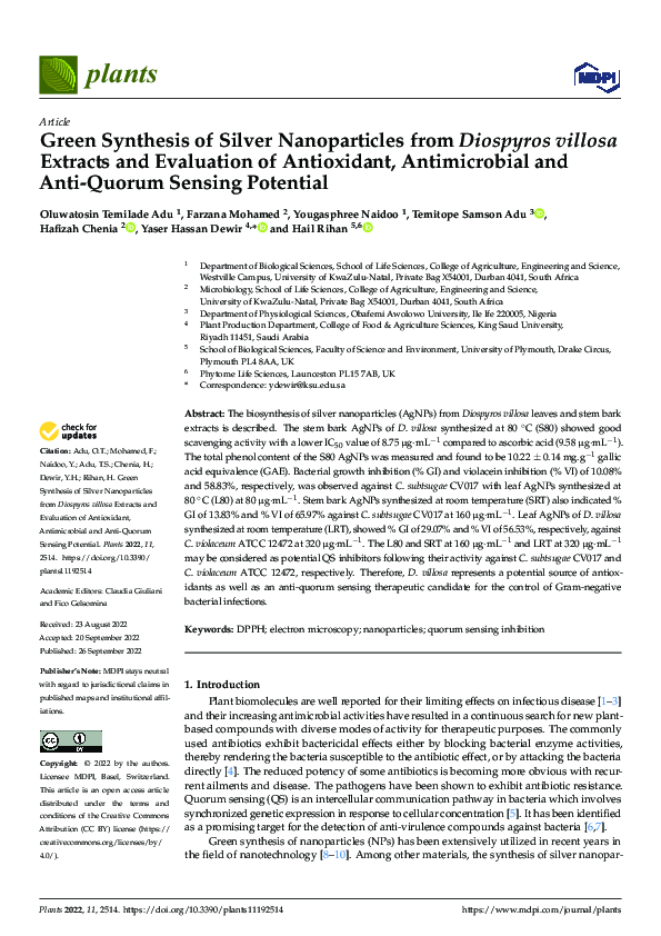 (PDF) Green Synthesis of Silver Nanoparticles from Diospyros villosa Extracts and Evaluation of ...