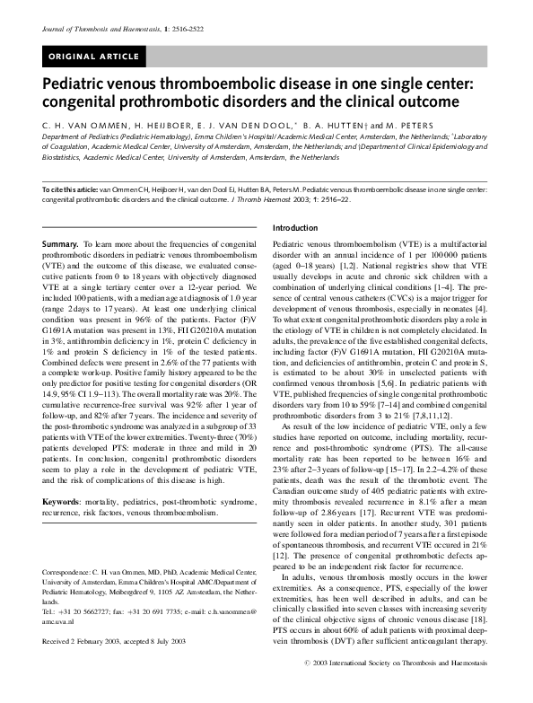 (PDF) Pediatric venous thromboembolic disease in one single center ...